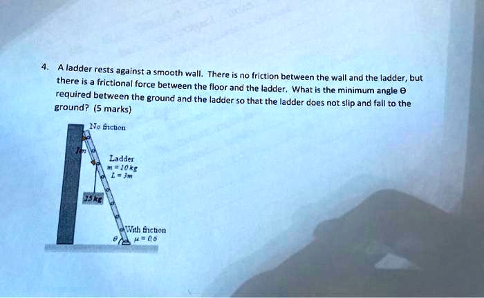 a ladder rests against a smooth wall there is no riction between the ...