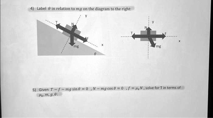 4) Label ( heta) in relation to mg on the diagram to the...