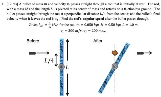 SOLVED:[12 pts] bullet of mass m and velocity passes straight through ...