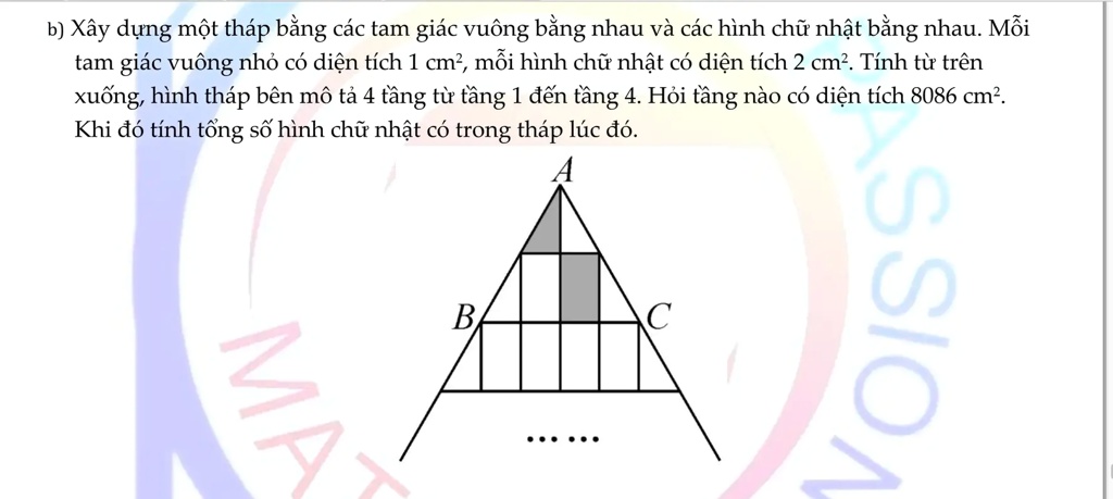 b) Xây d?ng m?t tháp b?ng các tam giác vuông b?ng nhau và các hình ch? nh?t b?ng nhau. M?i tam ...