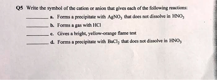 q5 write the symbol of the cation or anion that gives each of the following reactions forms ...