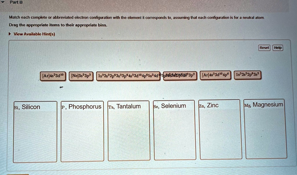 Part B Match Each Complete Or Abbreviated Electron Configuration With