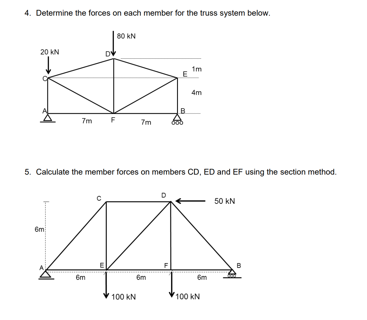 4. Determine the forces on each member for the truss system below. 5 ...