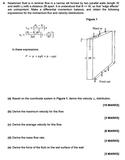 SOLVED: Newtonian fluid is in laminar flow in a narrow slit formed by two parallel walls (length ...
