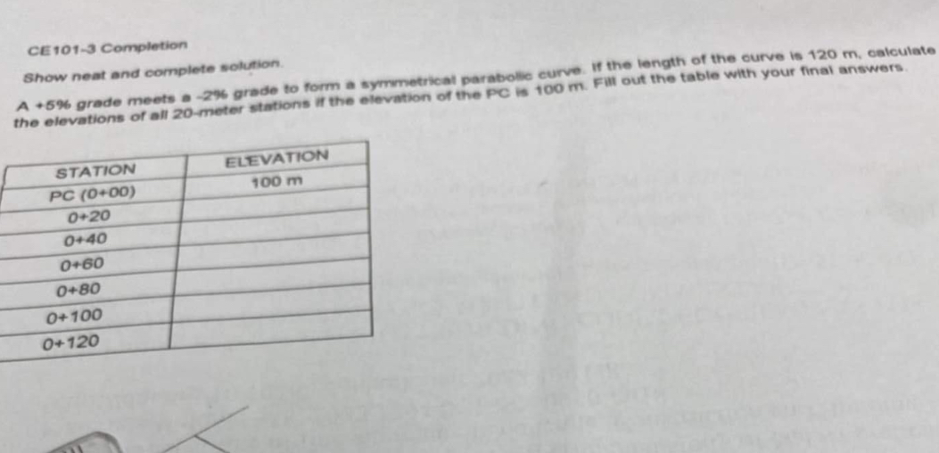 ce 101 3 completion show neat and complete solution a 5 grade meets 2 ...