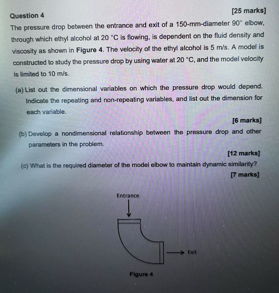 Question 4: The pressure drop between the entrance and exit of a 150-mm-diameter 90Â° elbow ...