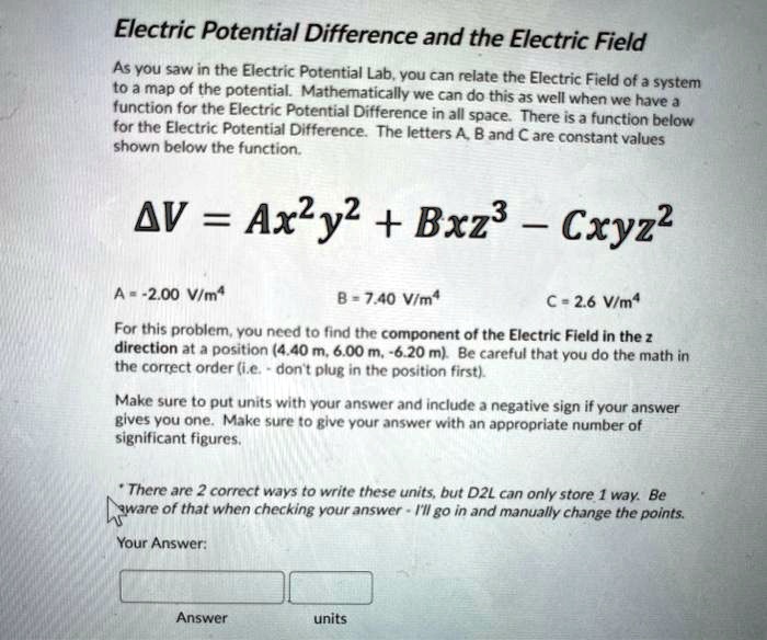 SOLVED:Electric Potential Difference and the Electric Field As voU saw ...