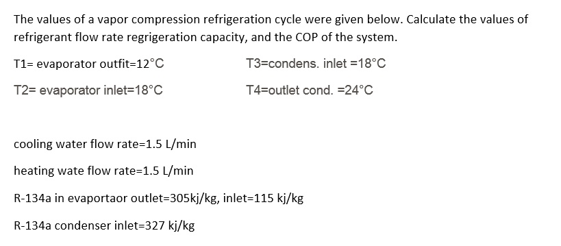 SOLVED: The values of a vapor compression refrigeration cycle are given ...