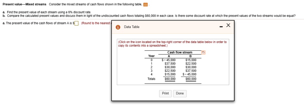 SOLVED: Present Value - Mixed Streams Consider the mixed streams of ...