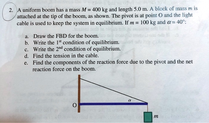 SOLVED: A uniform boom has mass M = 400 kg and length 5.0 m. A block of ...