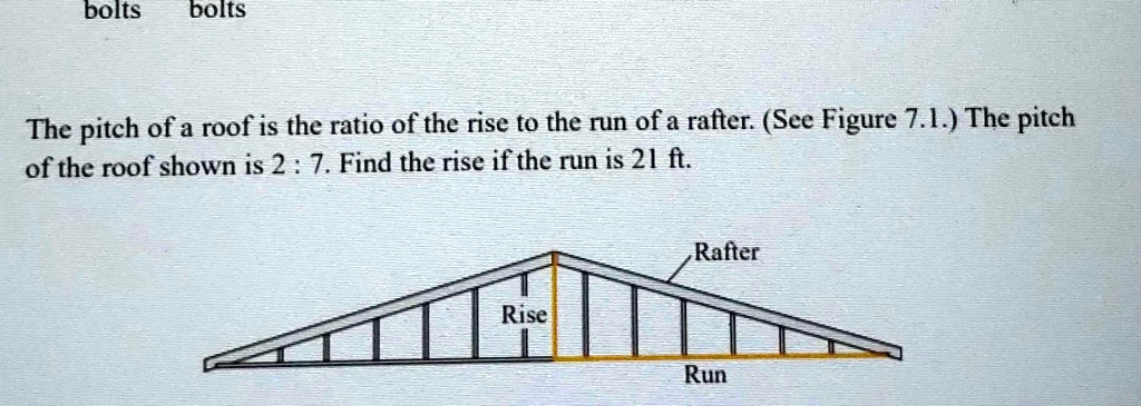 SOLVED: bolts bolts The pitch of a roof is the ratio of the rise to the ...