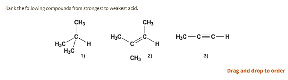 SOLVED: Rank the following compounds from strongest to weakest acid: HzC HycC=CH Hyc H H CH3 ...