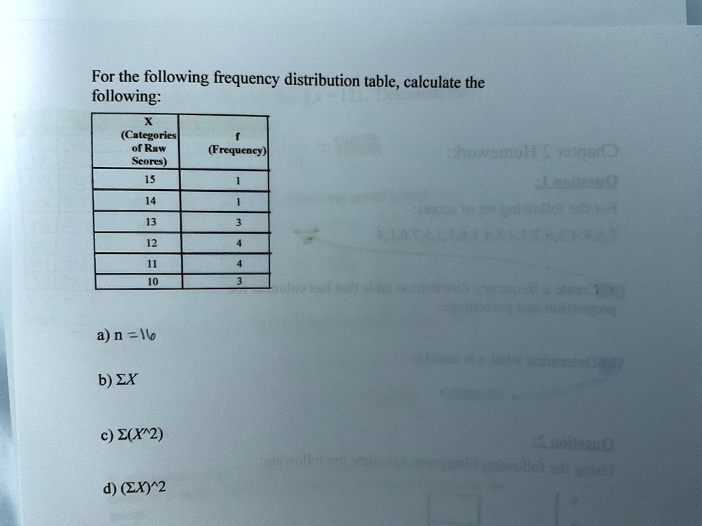 SOLVED: p For the following frequency distribution table, calculate the following: x (Categories ...