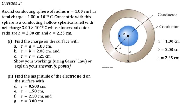 SOLVED: Question 2; A solid conducting sphere of radius 1.00 cm has total charge 1.00 10-6 ...