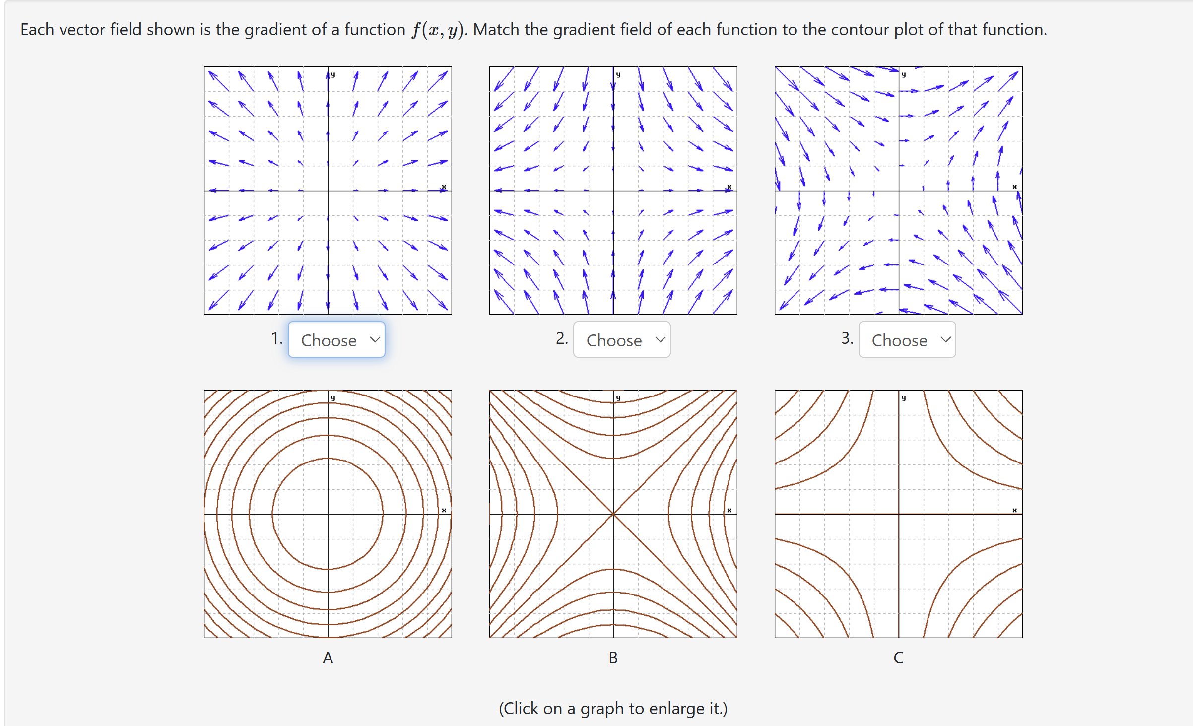Each vector field shown is the gradient of a function f(x, y). Match ...