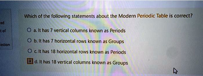 Which of the following statements about the Modern Periodic Table is ...