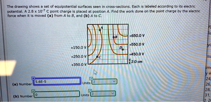 SOLVED: The drawing shows a set of equipotential surfaces seen in cross ...