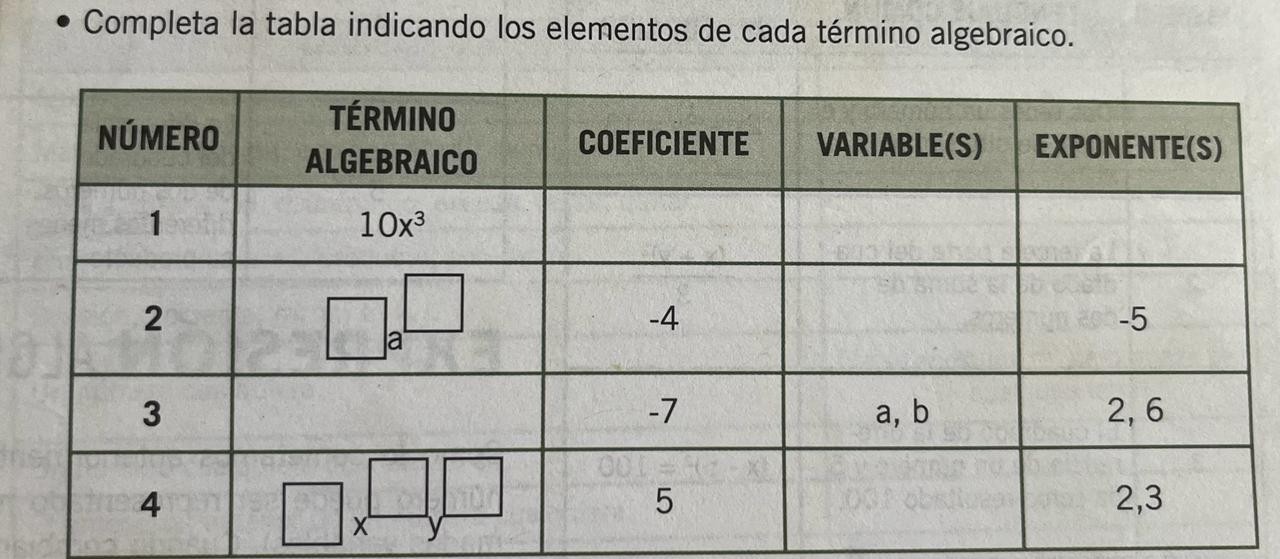 - Completa la tabla indicando los elementos de cada término algebraico ...