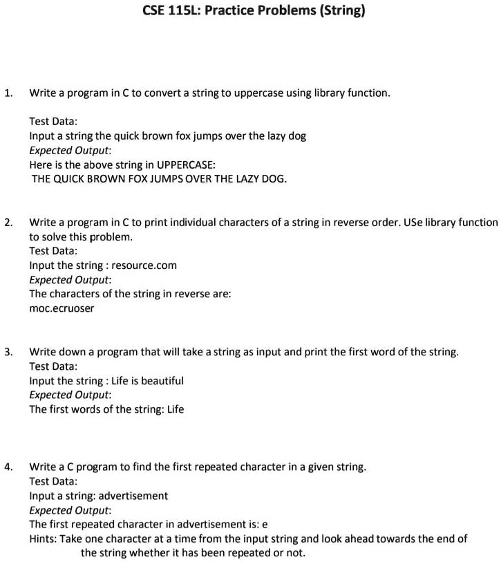 Solved Cse 115l Practice Problems String Write Program In € To Convert A String To Uppercase