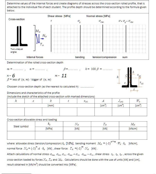 determine values of the internal forces and create diagrams of stresses ...