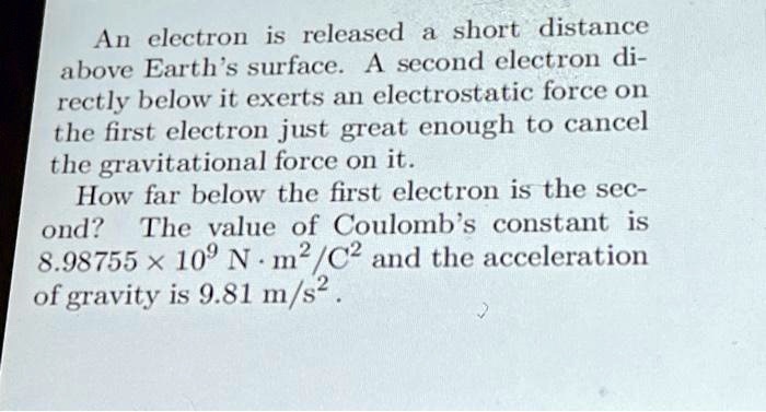 SOLVED: An electron is released a shortdistance above Earth's surface ...