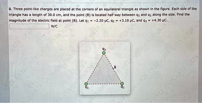 Three point-like charges are placed at the corners of an equilateral triangle as shown in the ...