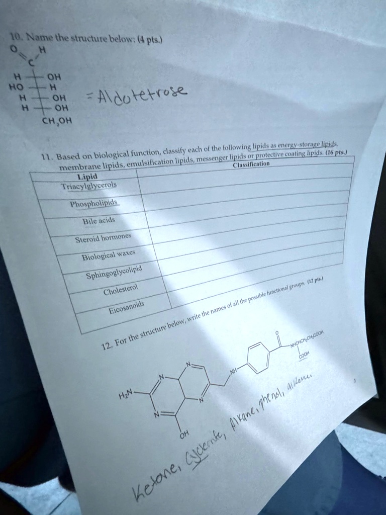 10. Name the structure below: (4 pts.) H O || C H HO OH H H OH H OH CH?OH = Aldotetrose 11 ...