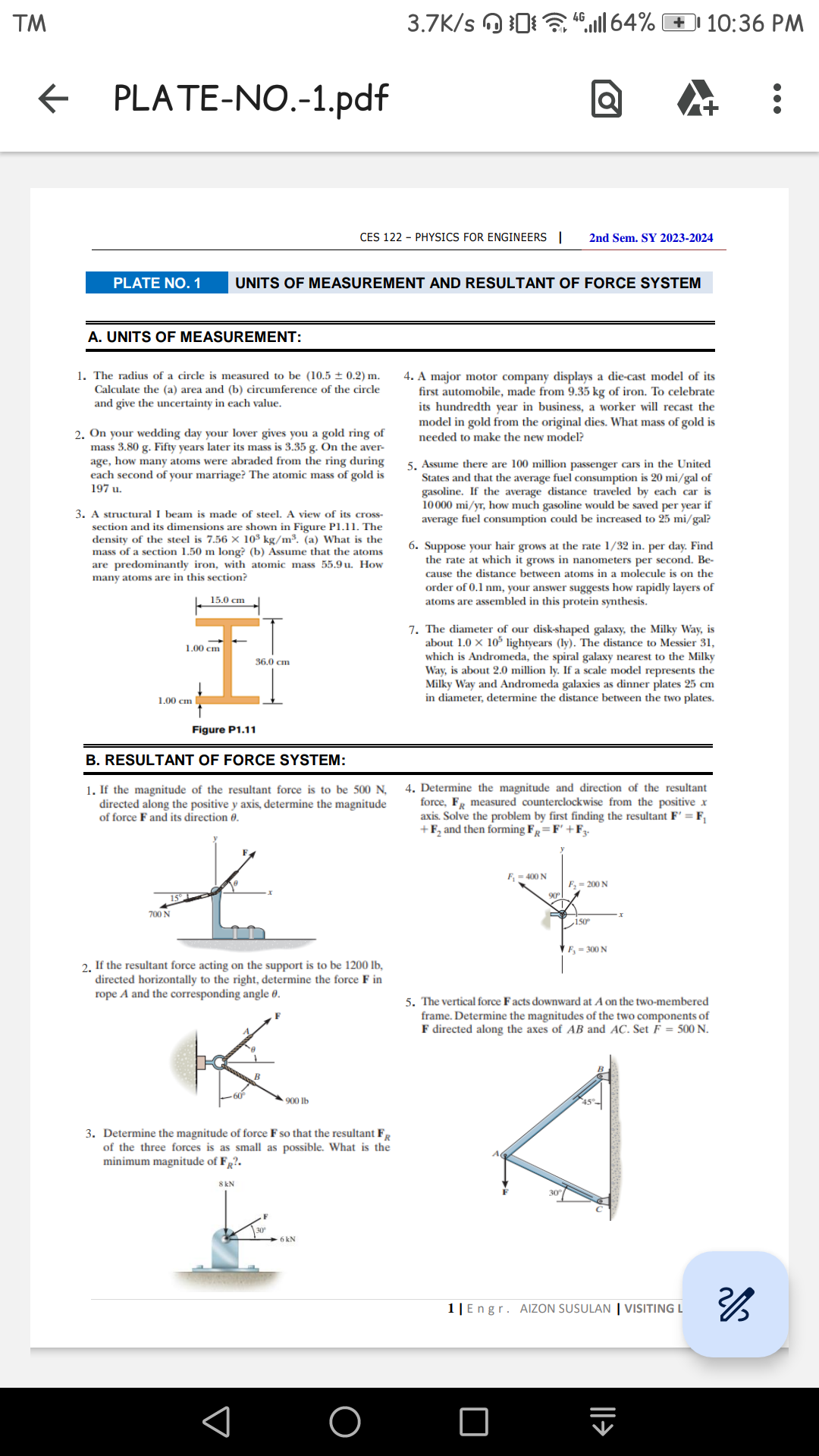 SOLVED: TM PLATE-NO.-1.pdf CES 122 - PHYSICS FOR ENGINEERS 2nd Sem. SY ...