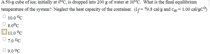 A 50 g cube of ice, initially at 0Â°C, is dropped into 200 g of water ...