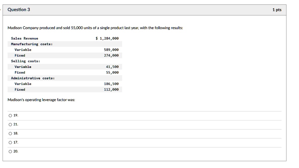 SOLVED: Question 3 1pts Madison Company produced and sold 55,000 units of a single product last ...