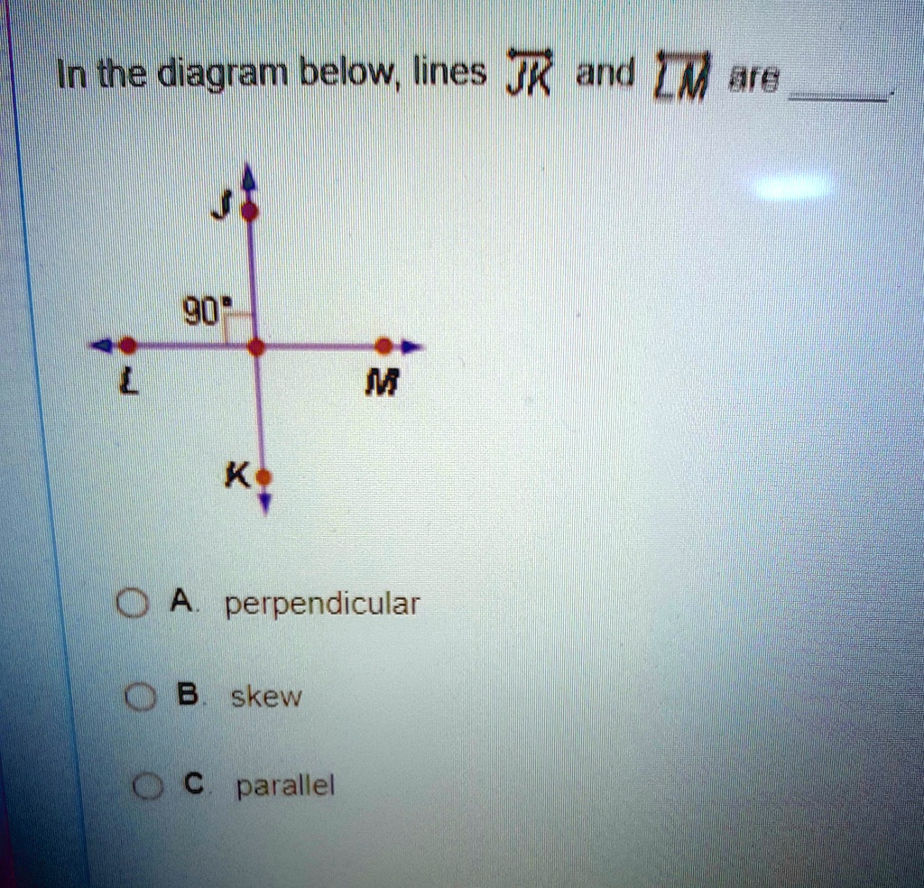 SOLVED: In the diagram below, lines JK and LM are perpendicular. SOLVED: In the diagram below, lines JK and LM are perpendicular.