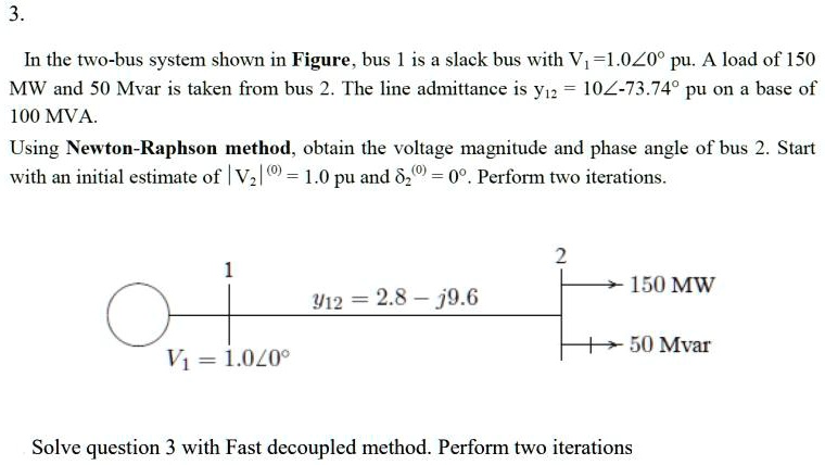3. In the two-bus system shown in Figure, bus 1 is a slack bus with V1 = 1.0∠ 0^∘ pu. A load of ...