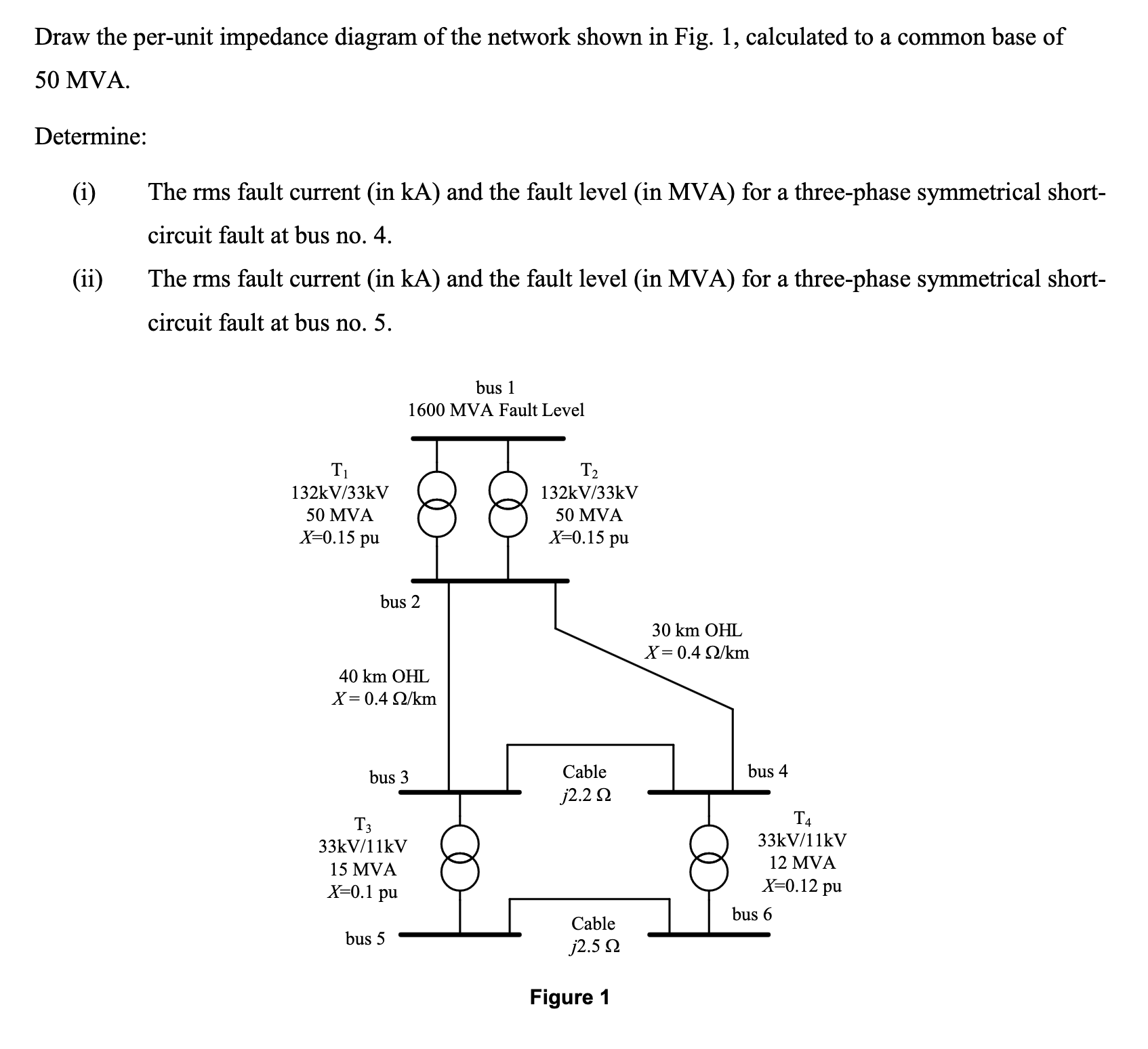 Draw the per-unit impedance diagram of the network shown in Fig. 1, calculated to a common base ...