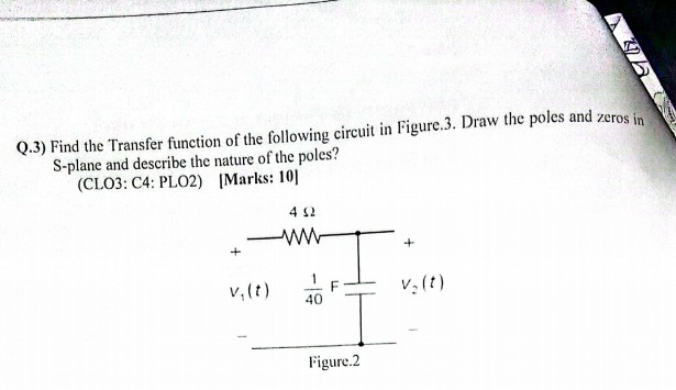 Q.3) Find the Transfer function of the following circuit in Figure.3. Draw the poles and zeros ...