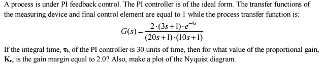 SOLVED: A process is under PI feedback control. The PI controller is of ...