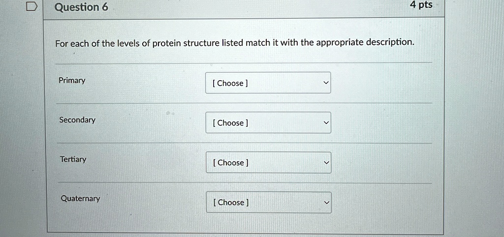 question 6 4 pts for each of the levels of protein structure listed match it with the ...