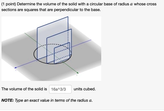 point determine the volume of the solid with circular base of radius whose cross sections are ...