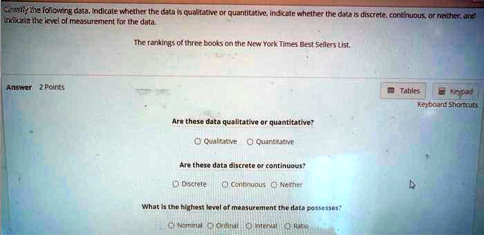 SOLVED: The following data. Indicate whether the data is qualitative or quantitative. Indicate ...