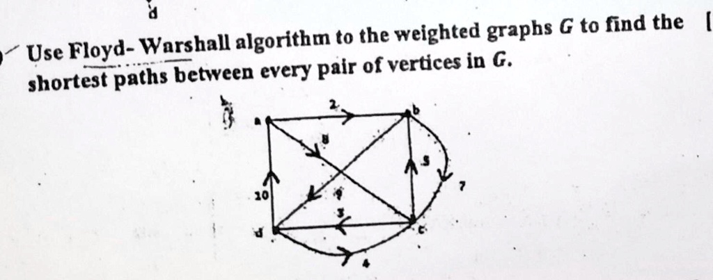 SOLVED: Solve it Use the Floyd-Warshall algorithm to find the shortest ... SOLVED: Solve it Use the Floyd-Warshall algorithm to find the shortest ...