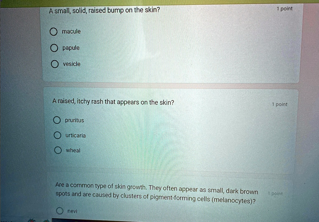 A small, solid, raised bump on the skin? macule papule vesicle A raised ...