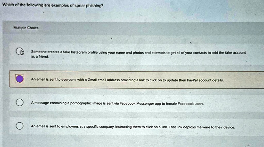 Which of the following are examples of spear phishing? Multiple Choice ...
