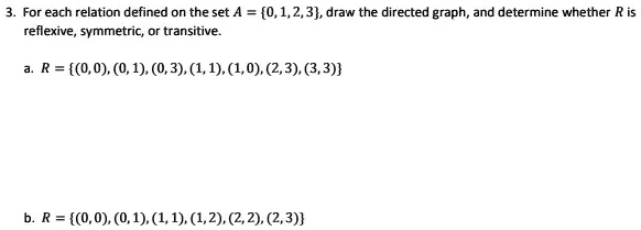 3. For each relation defined on the set A = {0, 1, 2, 3}, draw the ...