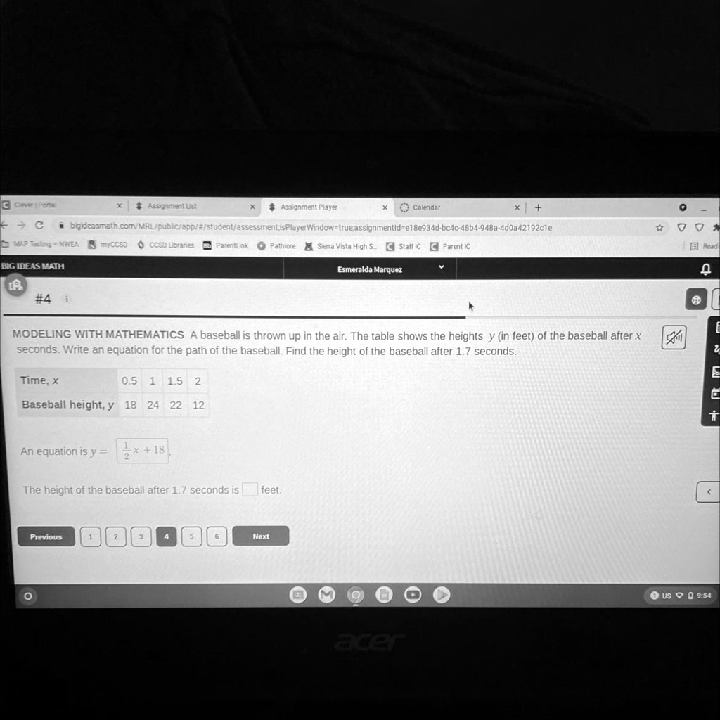 MODELING WITH MATHEMATICS A baseball is thrown up in the air. The table shows the heights y (in ...