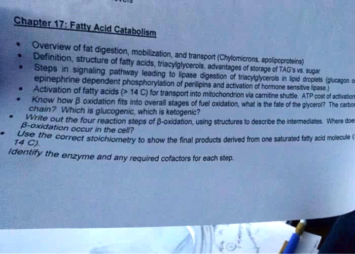 [GET ANSWER] Chapter 17: Fatty Acid Catabolism . Overview of fat ...