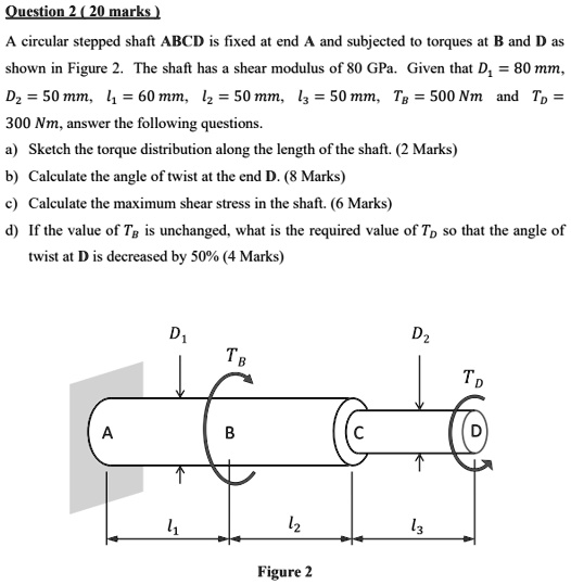 SOLVED: Question 2 (20 marks) A circular stepped shaft ABCD is fixed at end A and subjected to ...