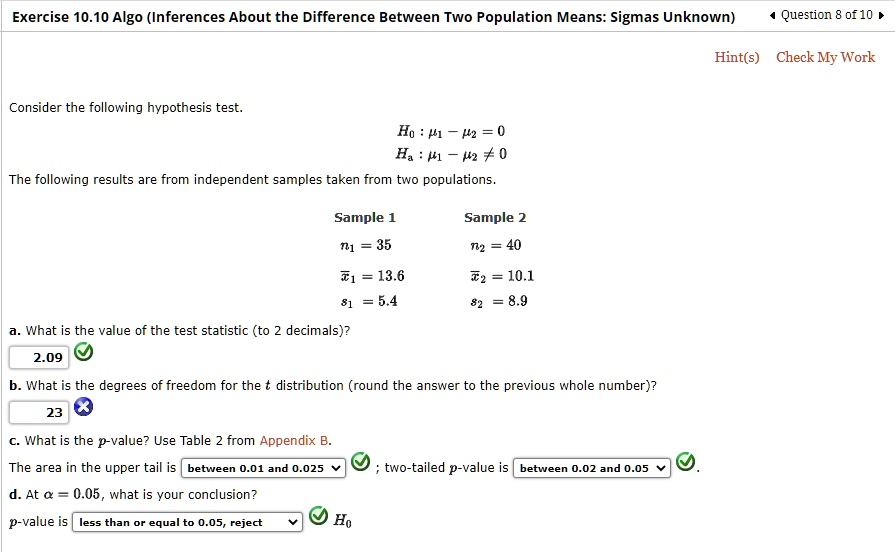 SOLVED: Exercise 10.10 Algo (Inferences About the Difference Between Two Population Means ...