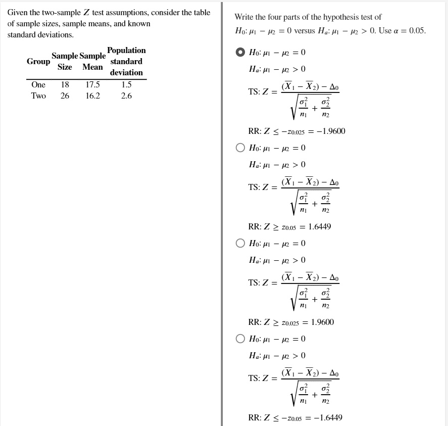 SOLVED: Given the two-sample Z test assumptions, consider the table of ...