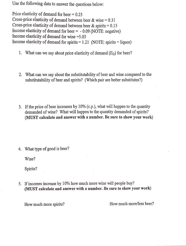 Use the following data to answer the questions below: Price elasticity ...