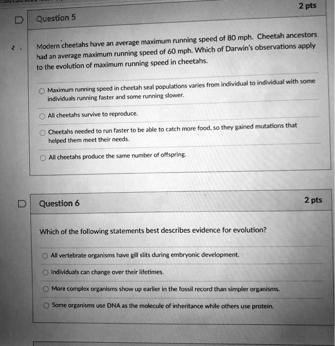 SOLVED: Question 5 Running speed of 80 mph: Cheetah ancestors. Modern ...
