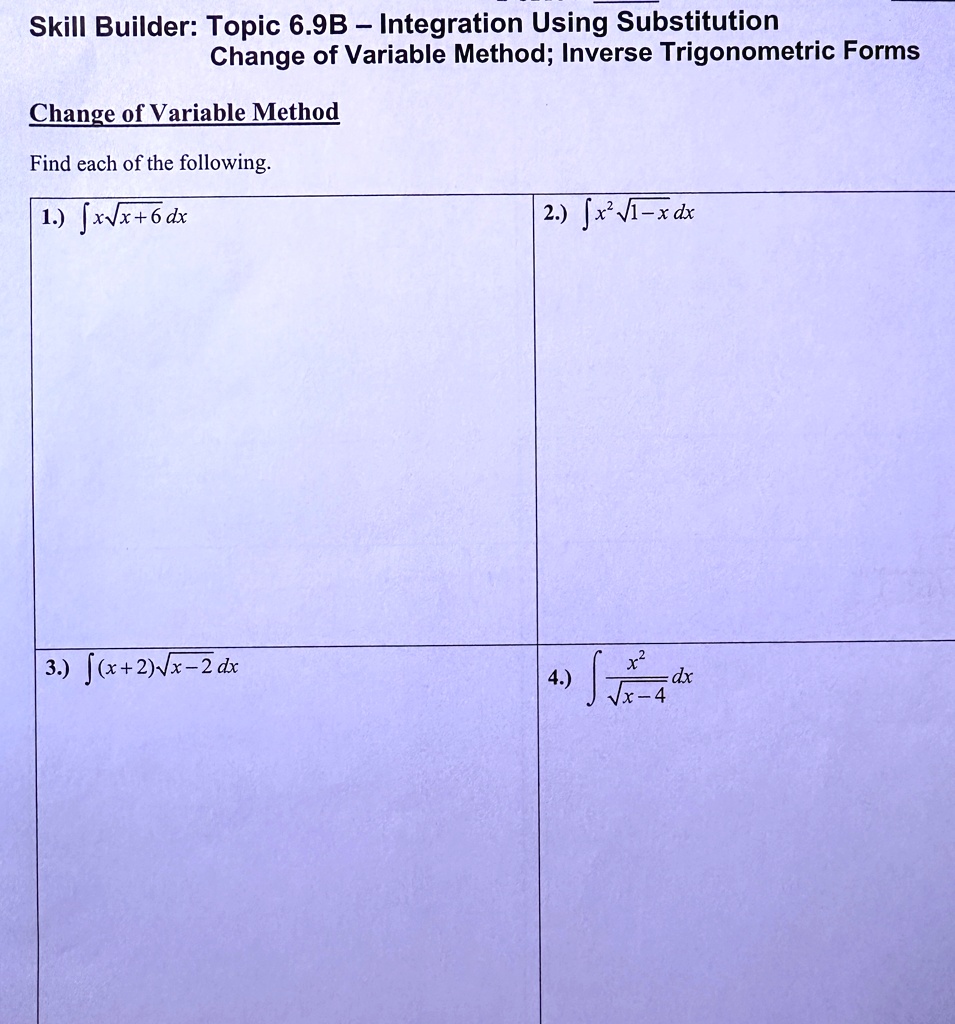 Skill Builder: Topic 6.9B - Integration Using Substitution Change of Variable Method; Inverse ...